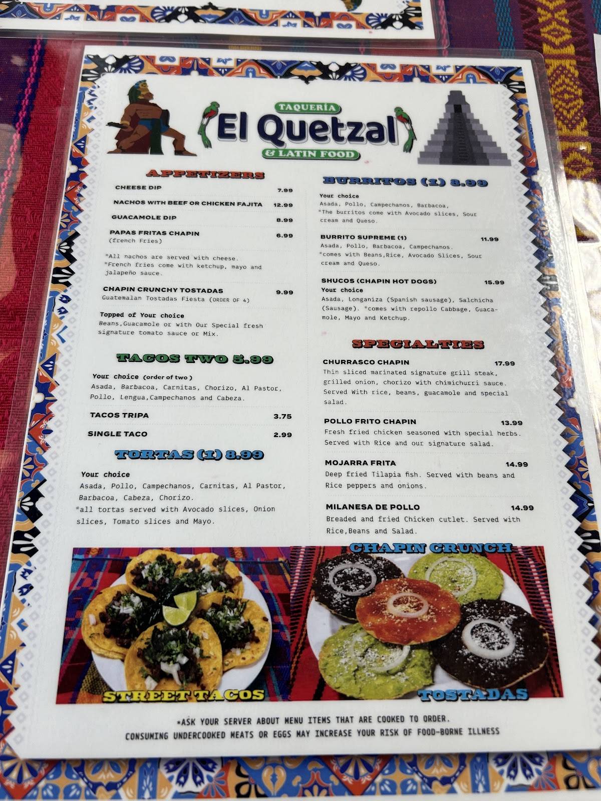 Menu at Taqueria El Quetzal restaurant, Benton