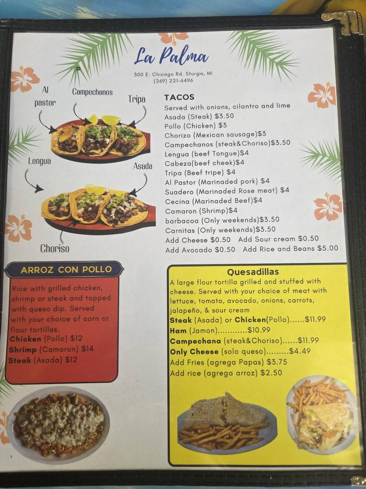 Carta del restaurante Taqueria La Palma, Sturgis