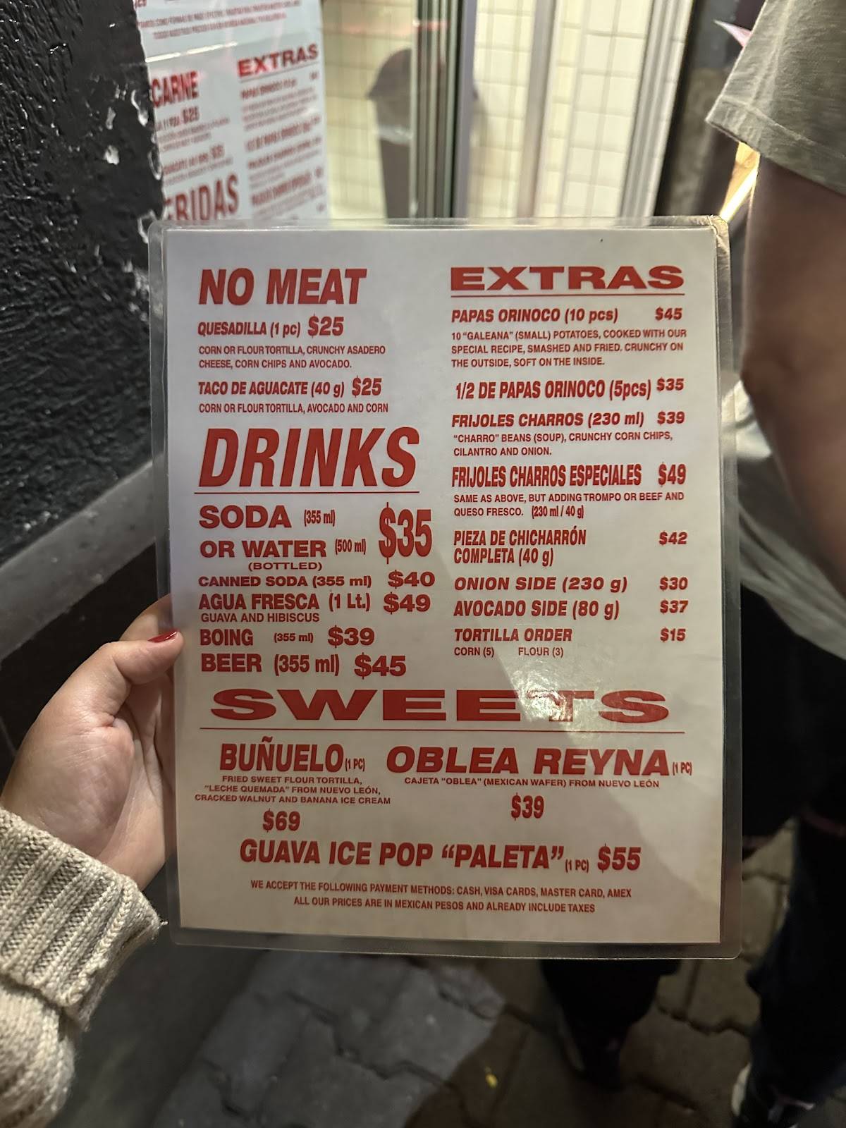 Carta del restaurante Taquería Orinoco ( Condesa ), Ciudad del México ...