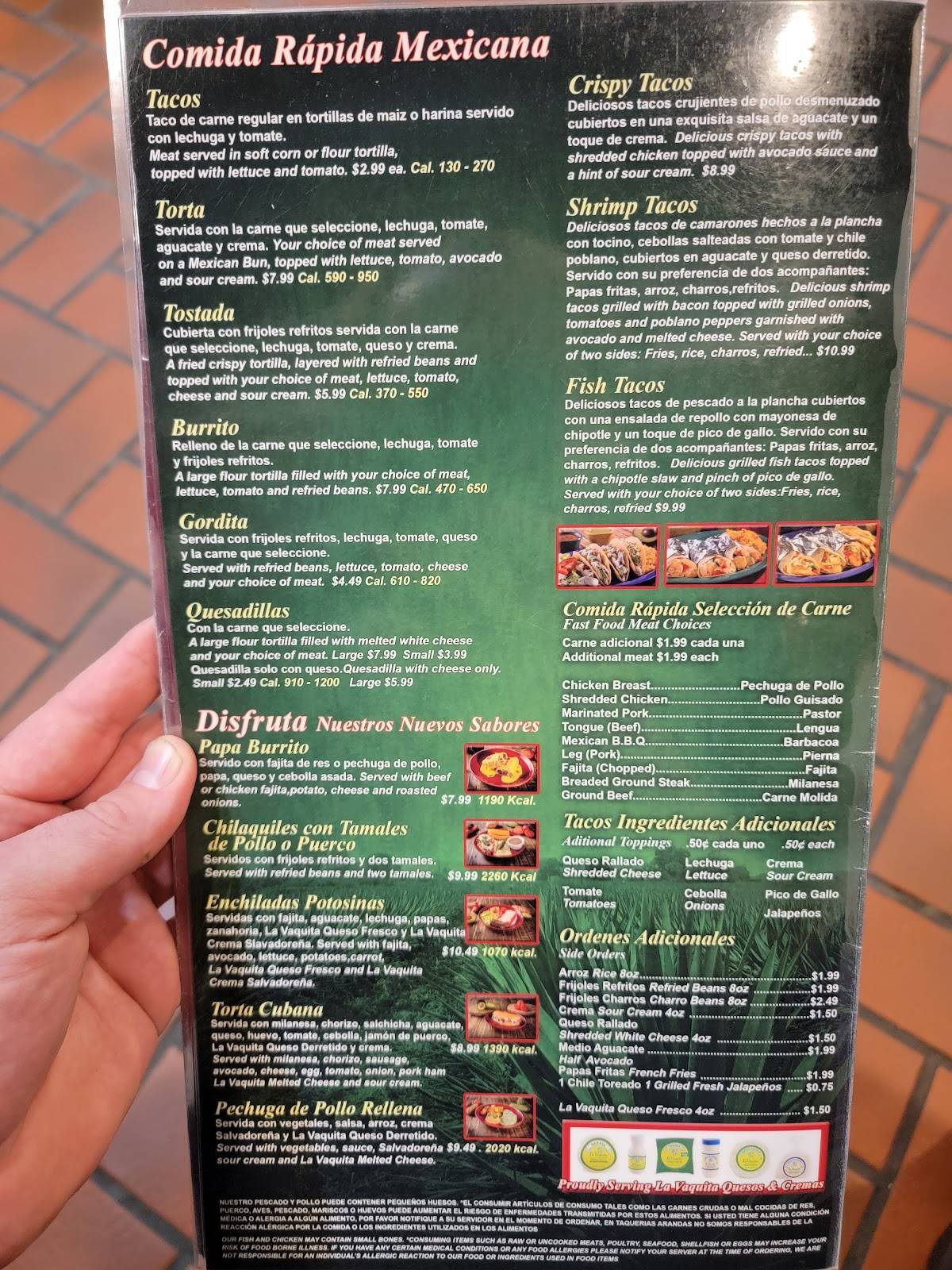 Menu at Taquerias Arandas restaurant, Bryan