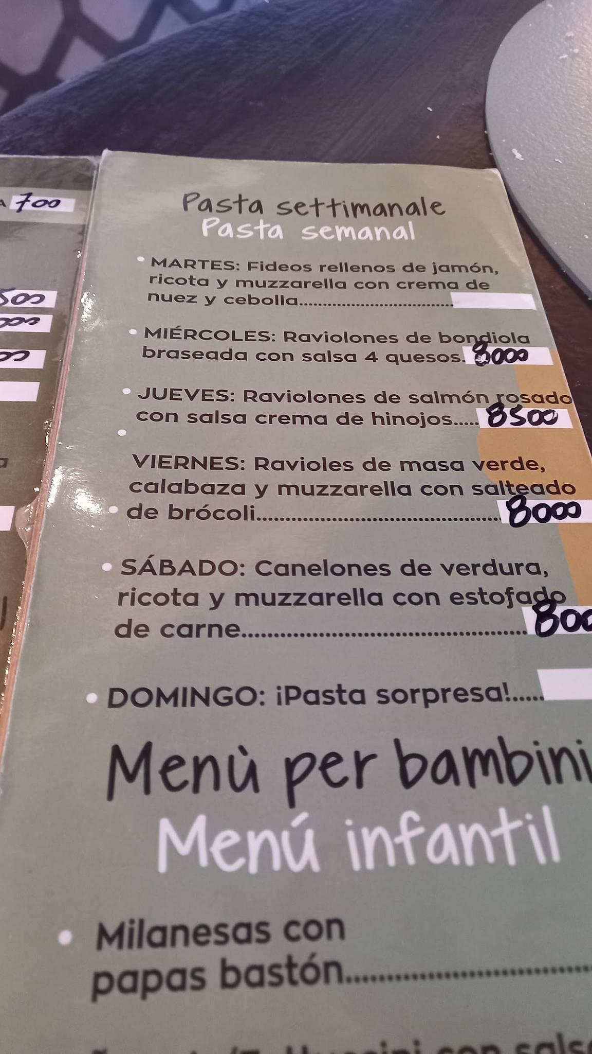 Carta del restaurante Tarantino Cantina Urbana, Mar del Plata