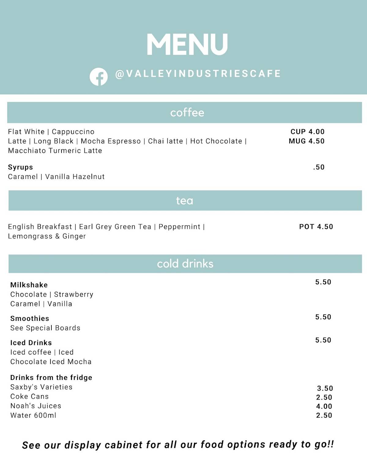 Menu at Valley Cafe, Taree, 20 Manning St