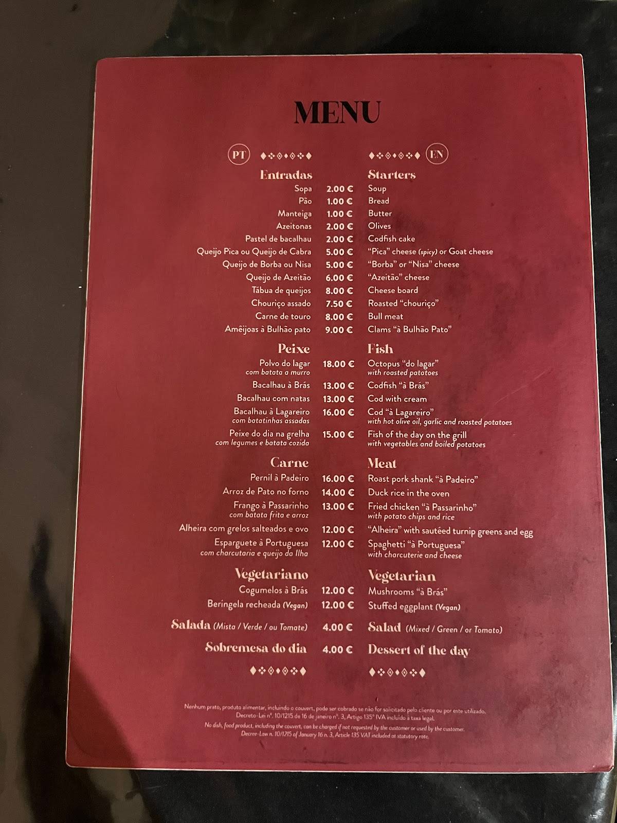 Menu at Tasca da tia Macheta restaurant, Lisbon