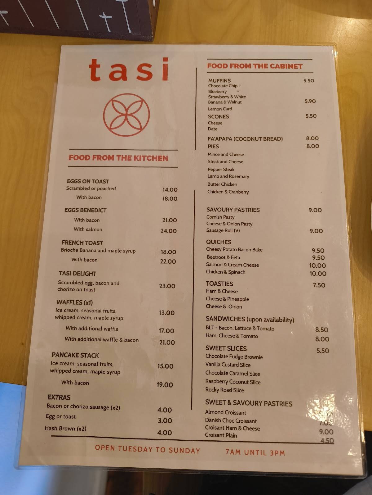 Carta de Tasi cafe, Auckland