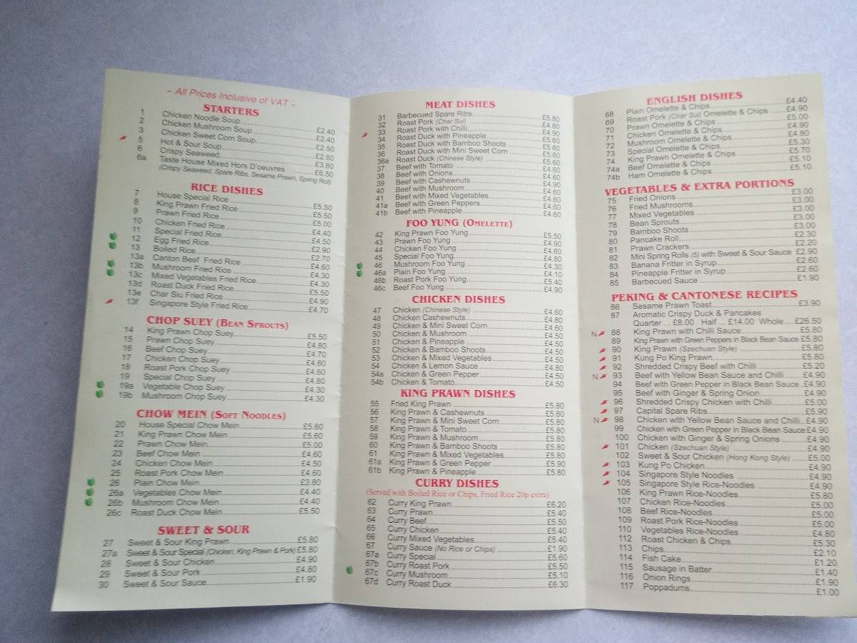 Menu at Taste House restaurant, Havant