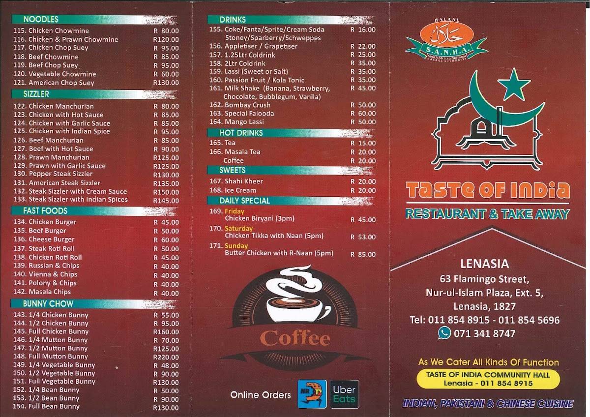 Menu at Taste Of India Lenasia restaurant, Lenasia