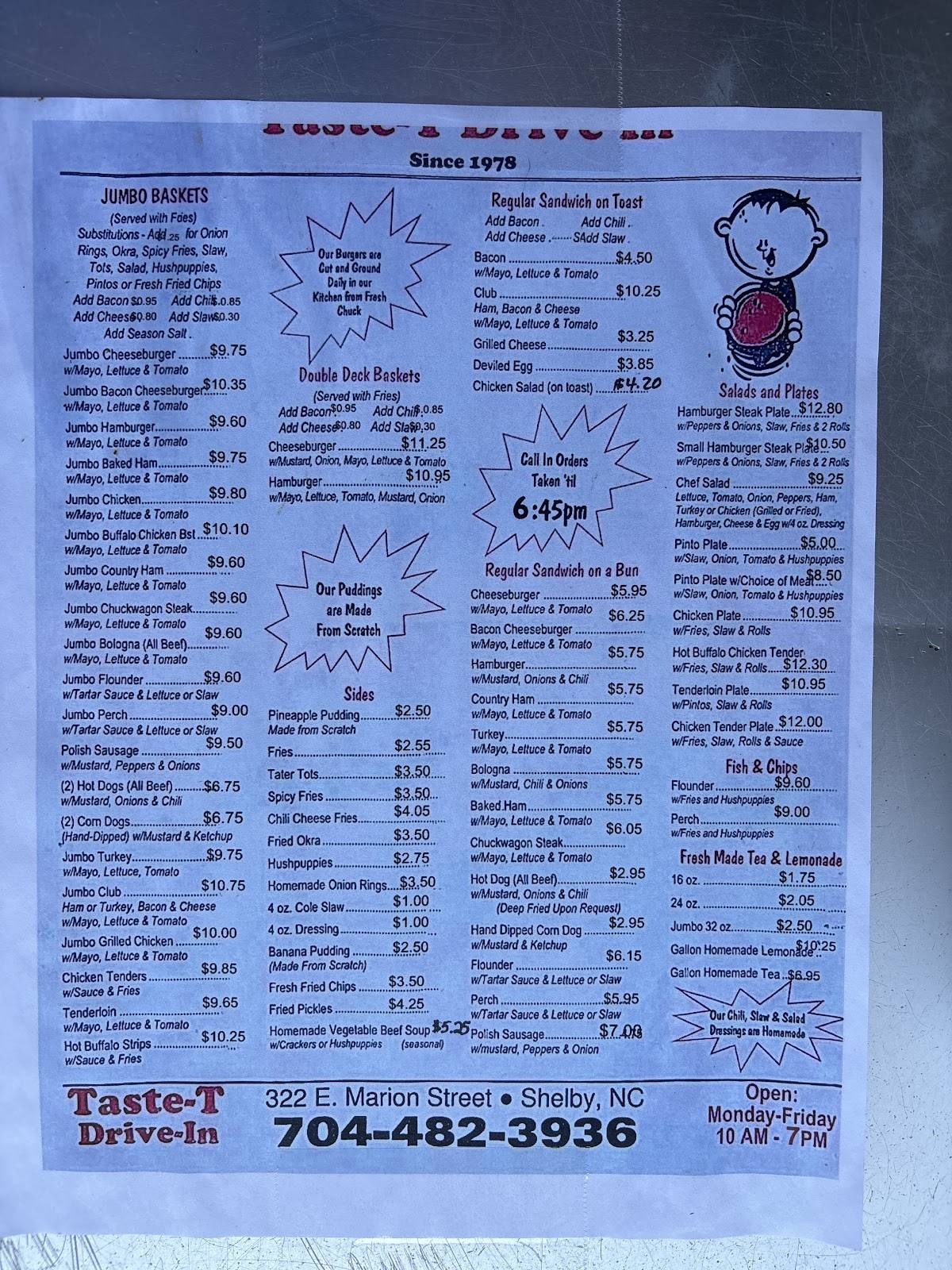 Menu at Taste-T-Drive-In restaurant, Shelby
