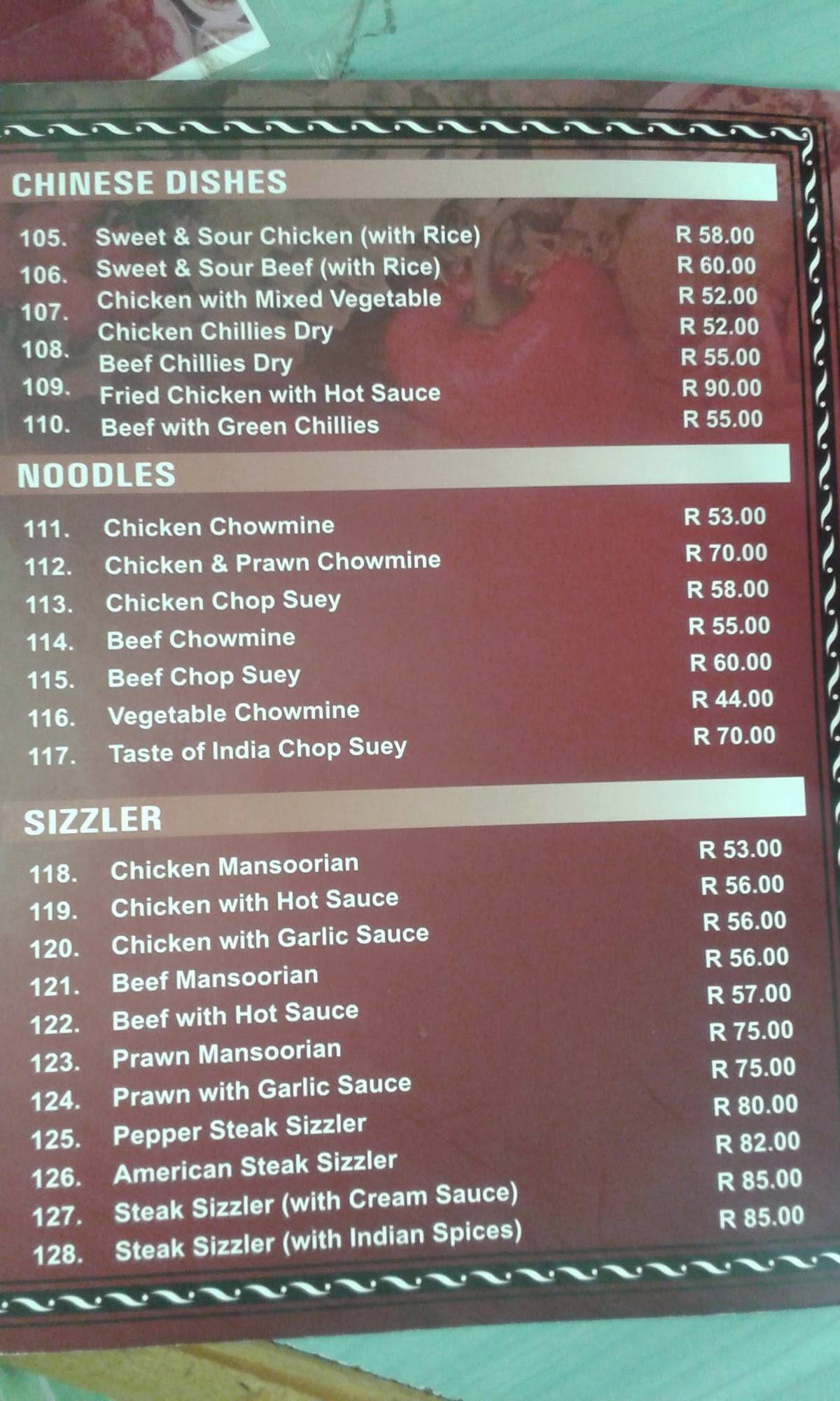 Menu at Taste of India restaurant, Lenasia