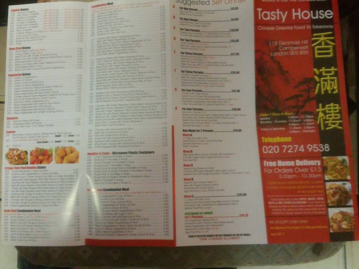 Menu at Tasty House restaurant, London, 118 Denmark Hill