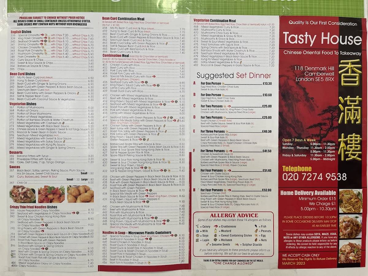 Menu at Tasty House restaurant, London, 118 Denmark Hill