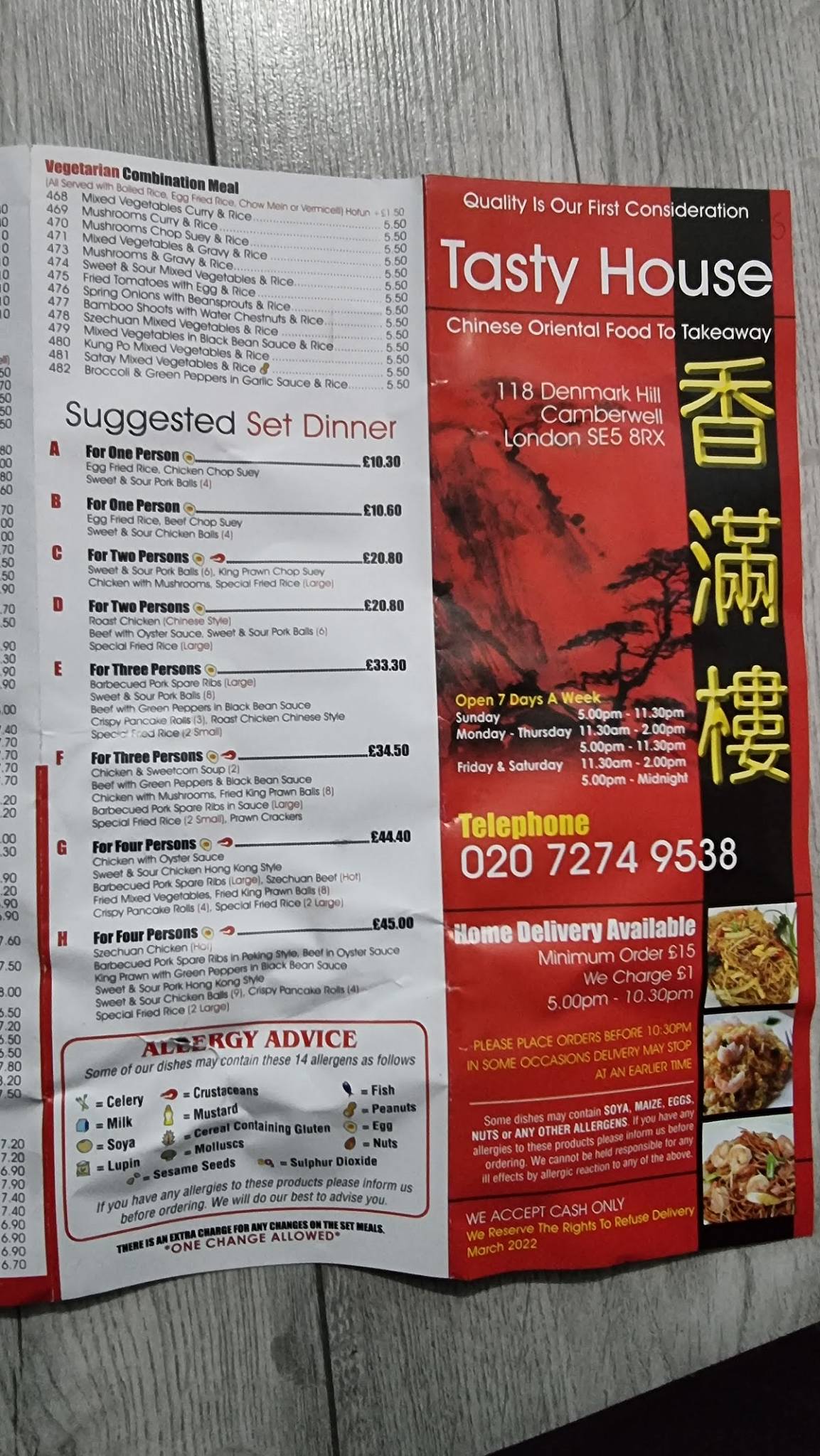Menu at Tasty House restaurant, London, 118 Denmark Hill
