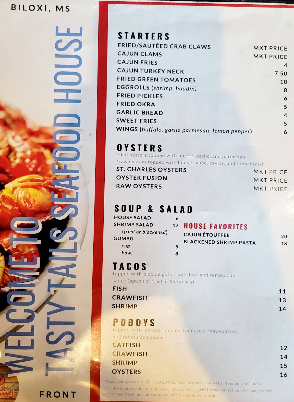 Menu at Tasty Tails Seafood House restaurant, Biloxi