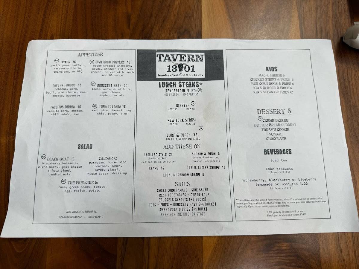 Menu at Tavern 1301 pub & bar, Lamar