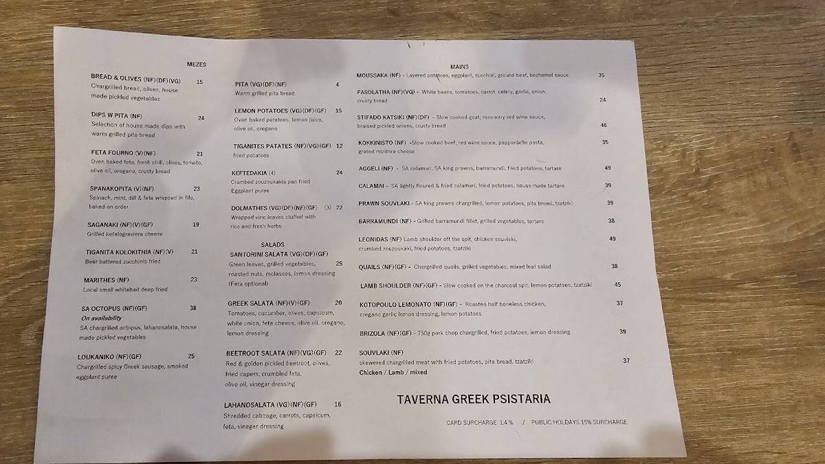 Menu at Taverna Greek Psistaria restaurant, Hindmarsh, 290 Port Rd