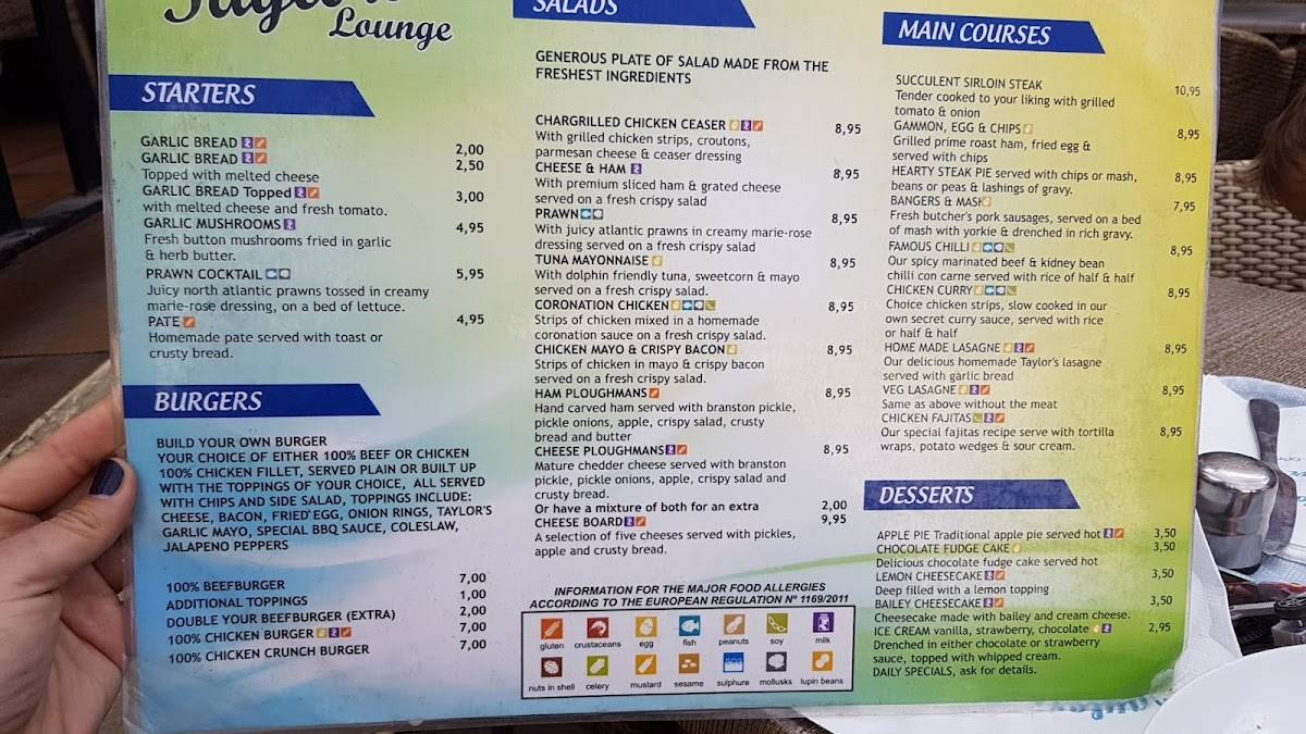 Menu at Taylors Lounge pub & bar, Los Cristianos