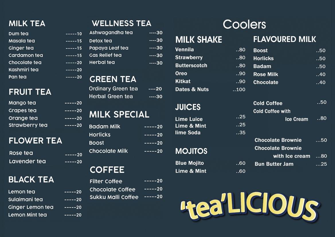 Menu at Tea Bench, Marthandam