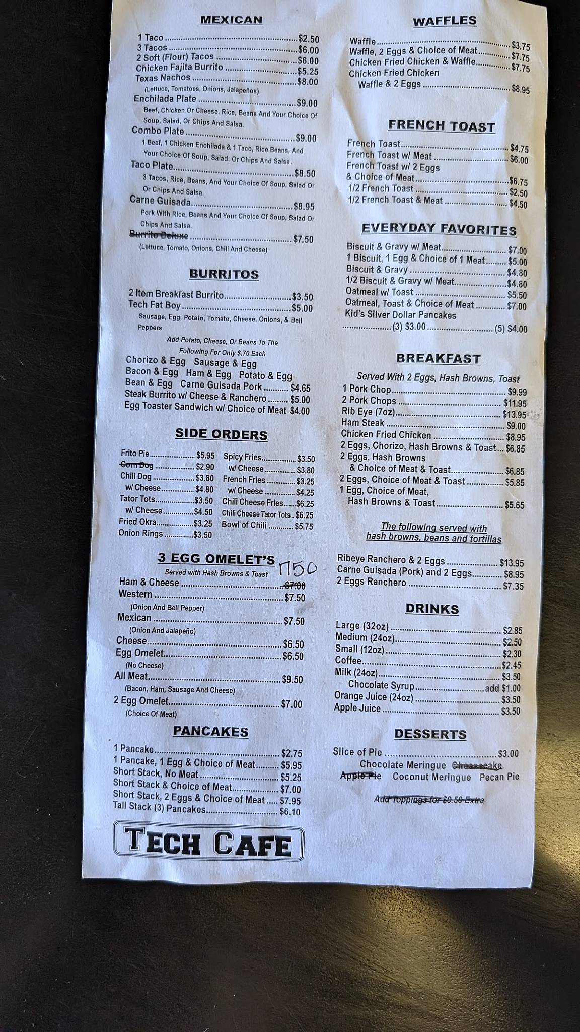 Menu at Tech Cafe, Lubbock, 1524 50th St