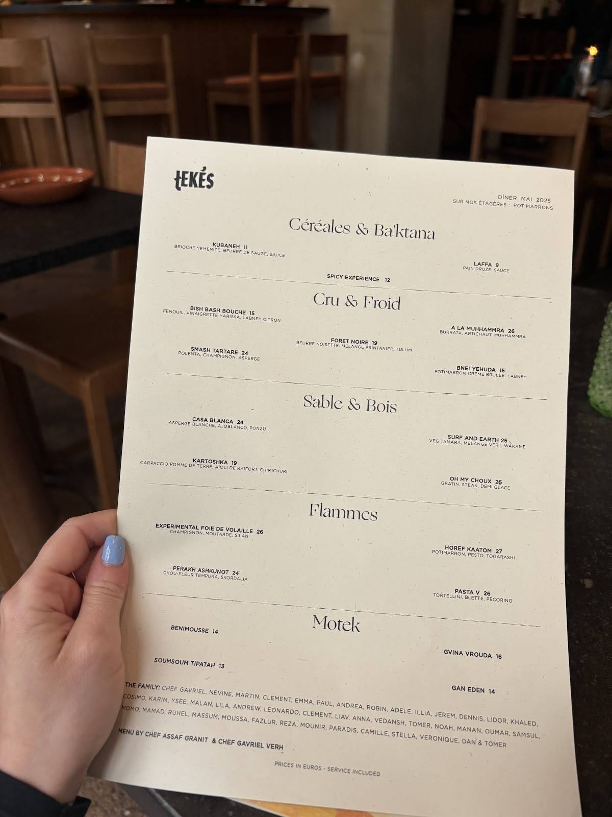 Menu au Tekés restaurant, Paris