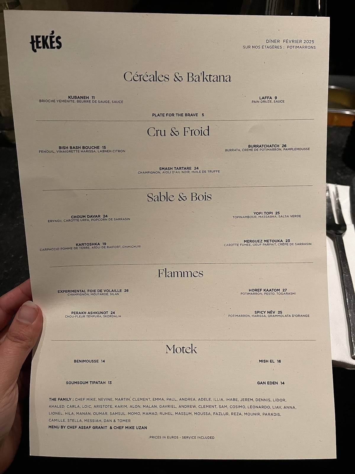 Menu au Tekés restaurant, Paris