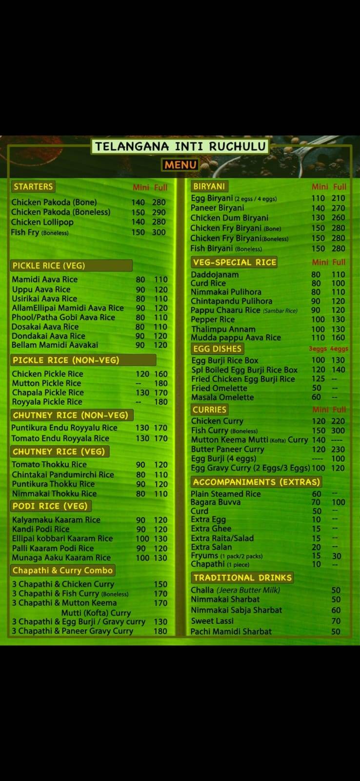 Menu at Telangana Inti Ruchulu, Hyderabad