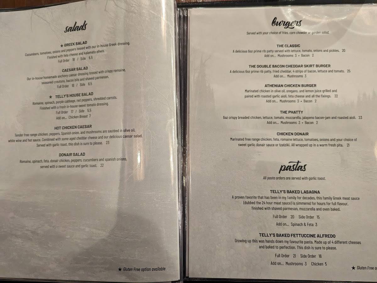 Menu at Telly's Grill restaurant, Smithers