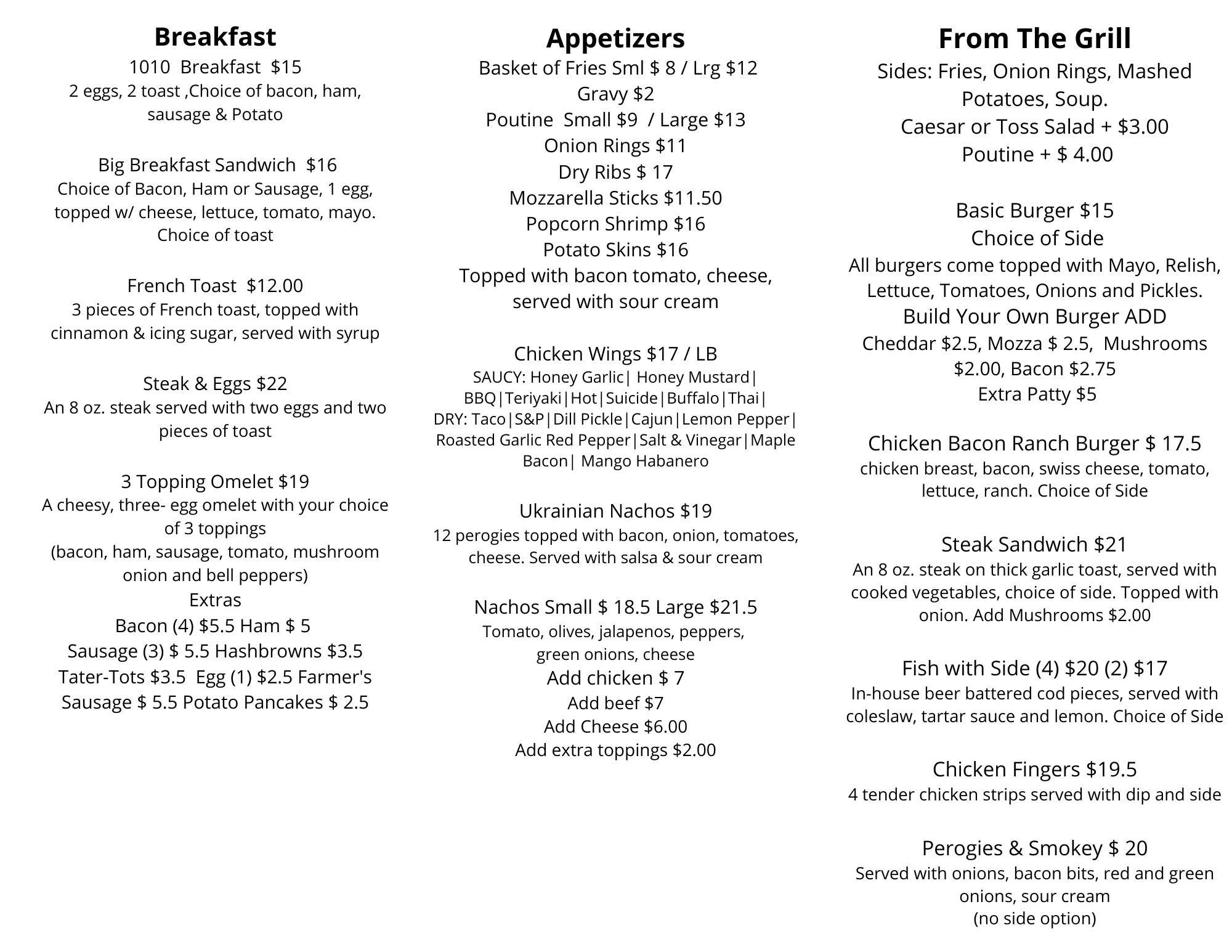 Menu at Ten Ten Pub, Lethbridge