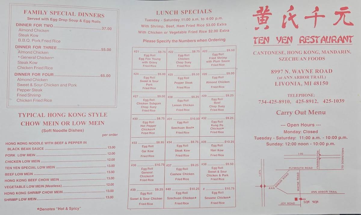Menu at Ten Yen Restaurant, Livonia