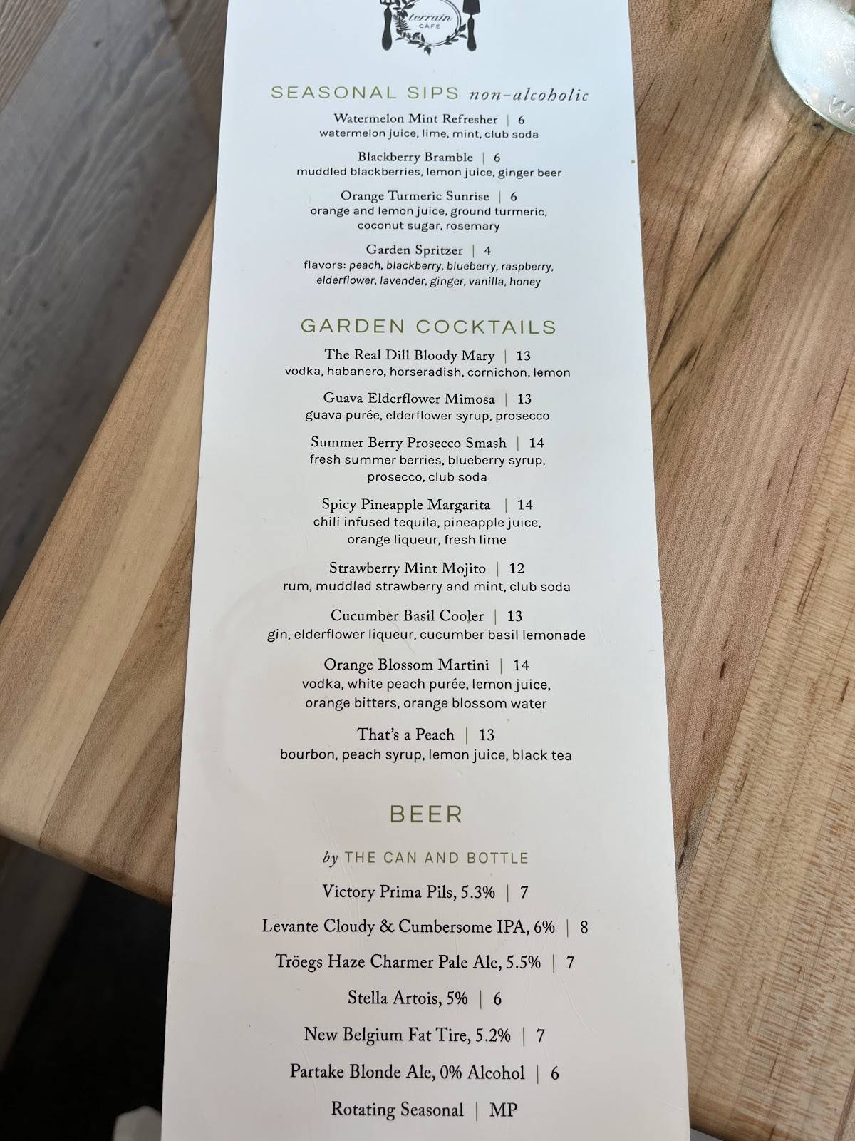Menu at Terrain Cafe, Doylestown