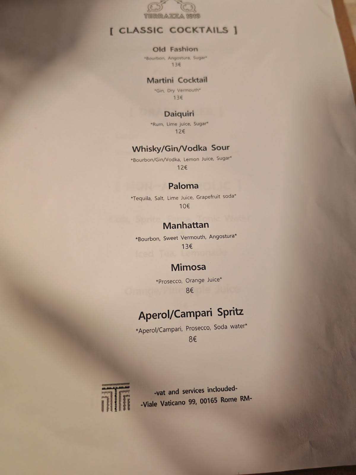 Menu au Terrazza 1919 pub et bar, Rome