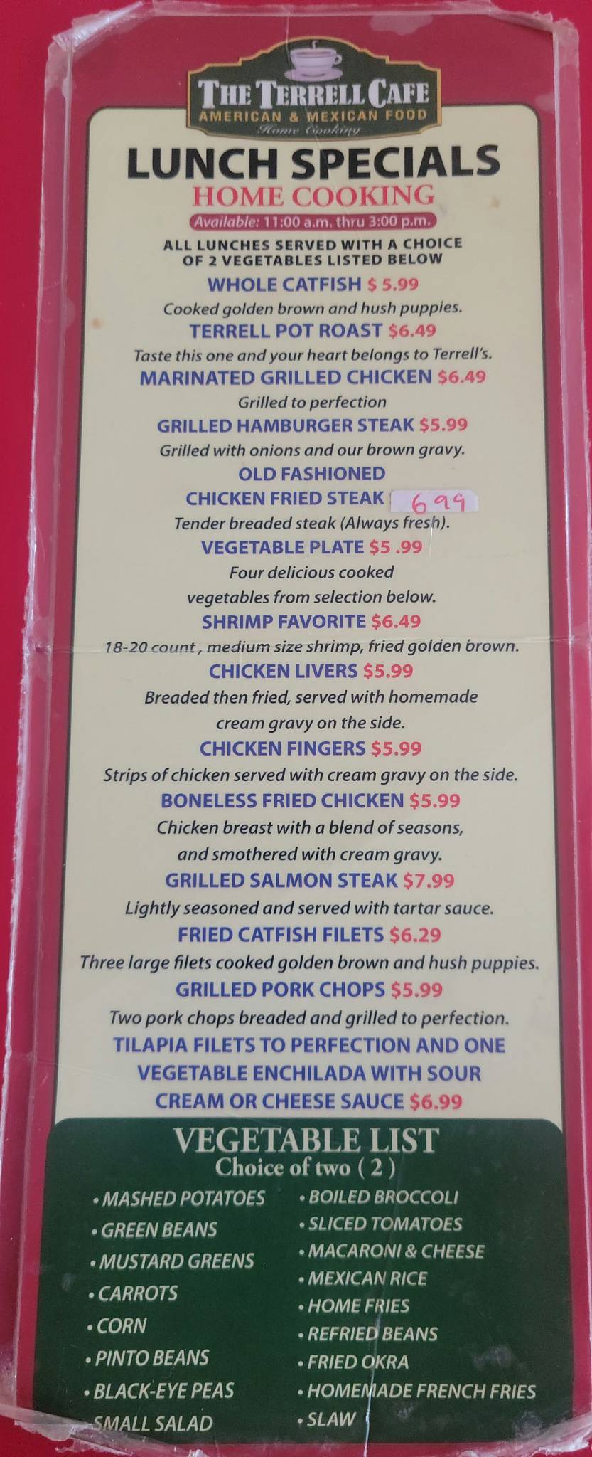 Menu at Terrell Cafe, Terrell, 801 E Moore Ave
