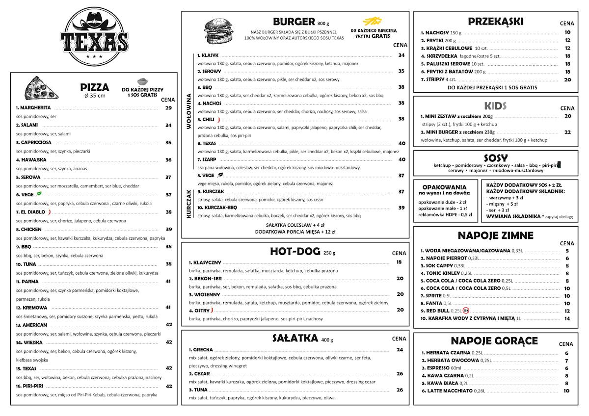 Menu at Texas Kłobuck restaurant, Kłobuck