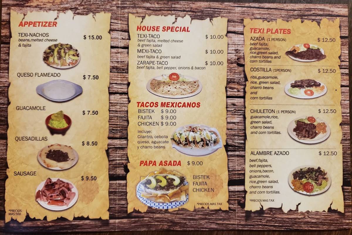 Menu at Texi Mexi restaurant, Los Fresnos