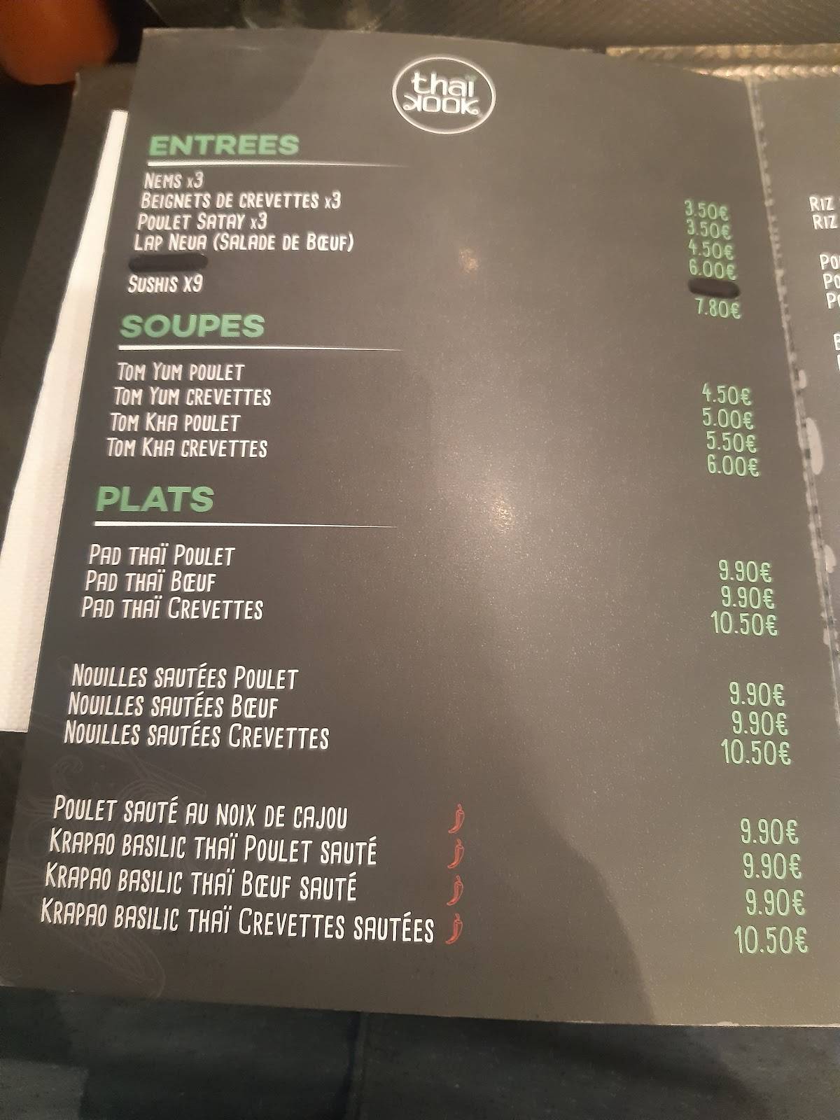 Menu au Original Thaï Kook restaurant, Roubaix