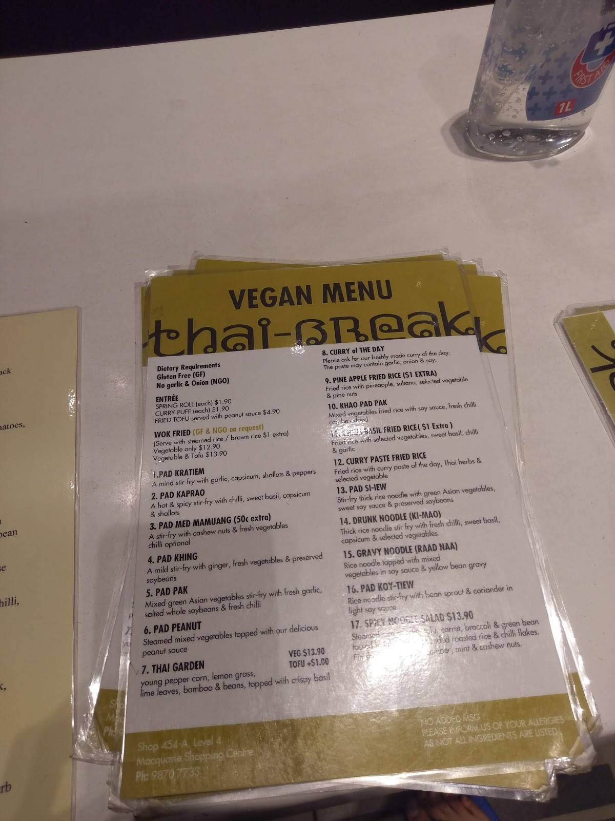 Menu at Thai Break restaurant, Macquarie Park
