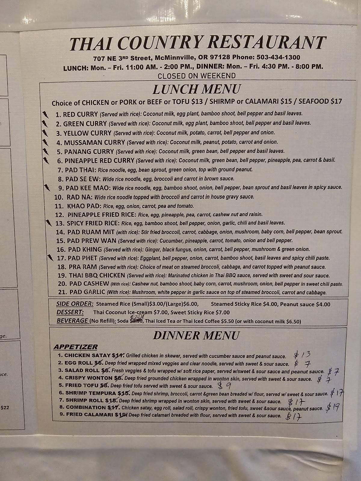 Menu at Thai Country Restaurant, McMinnville