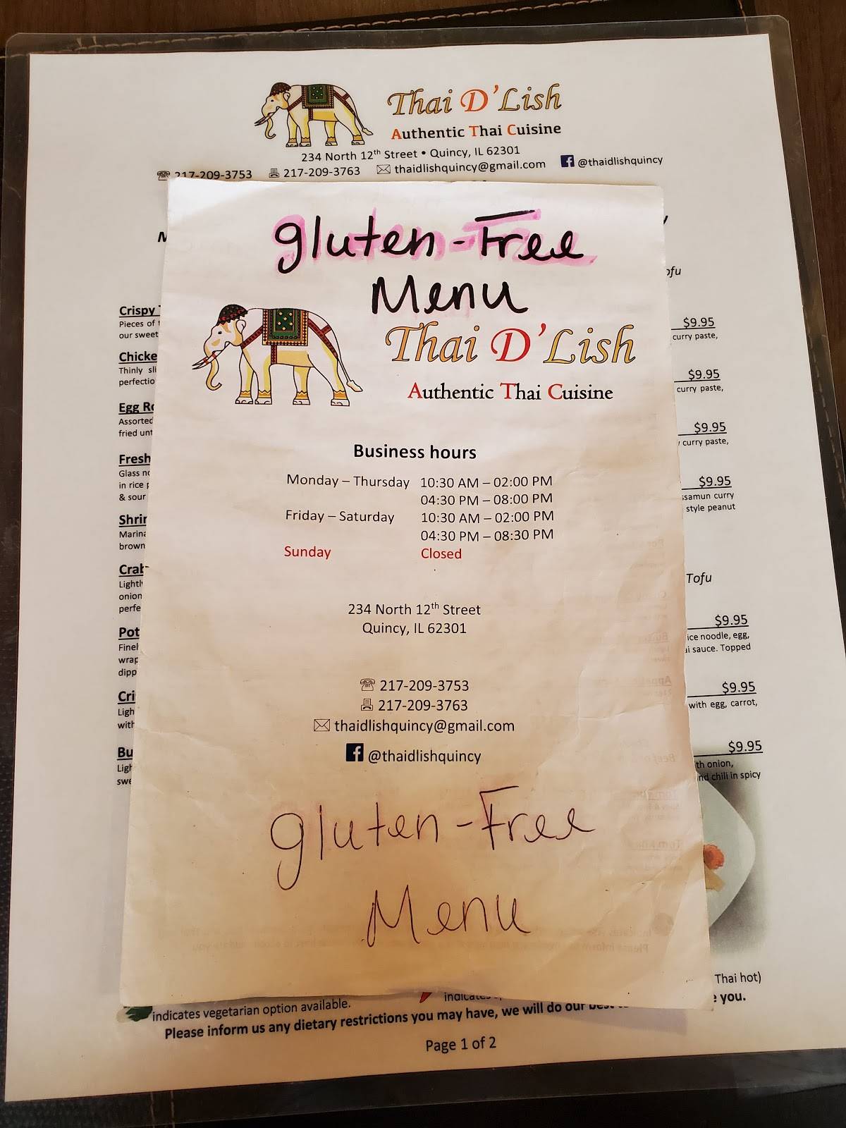 Menu at Thai D'Lish restaurant, Quincy