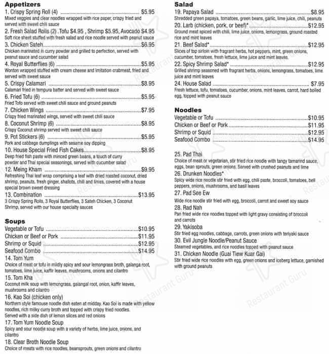 Menu at Thai Elephant restaurant, Kennewick