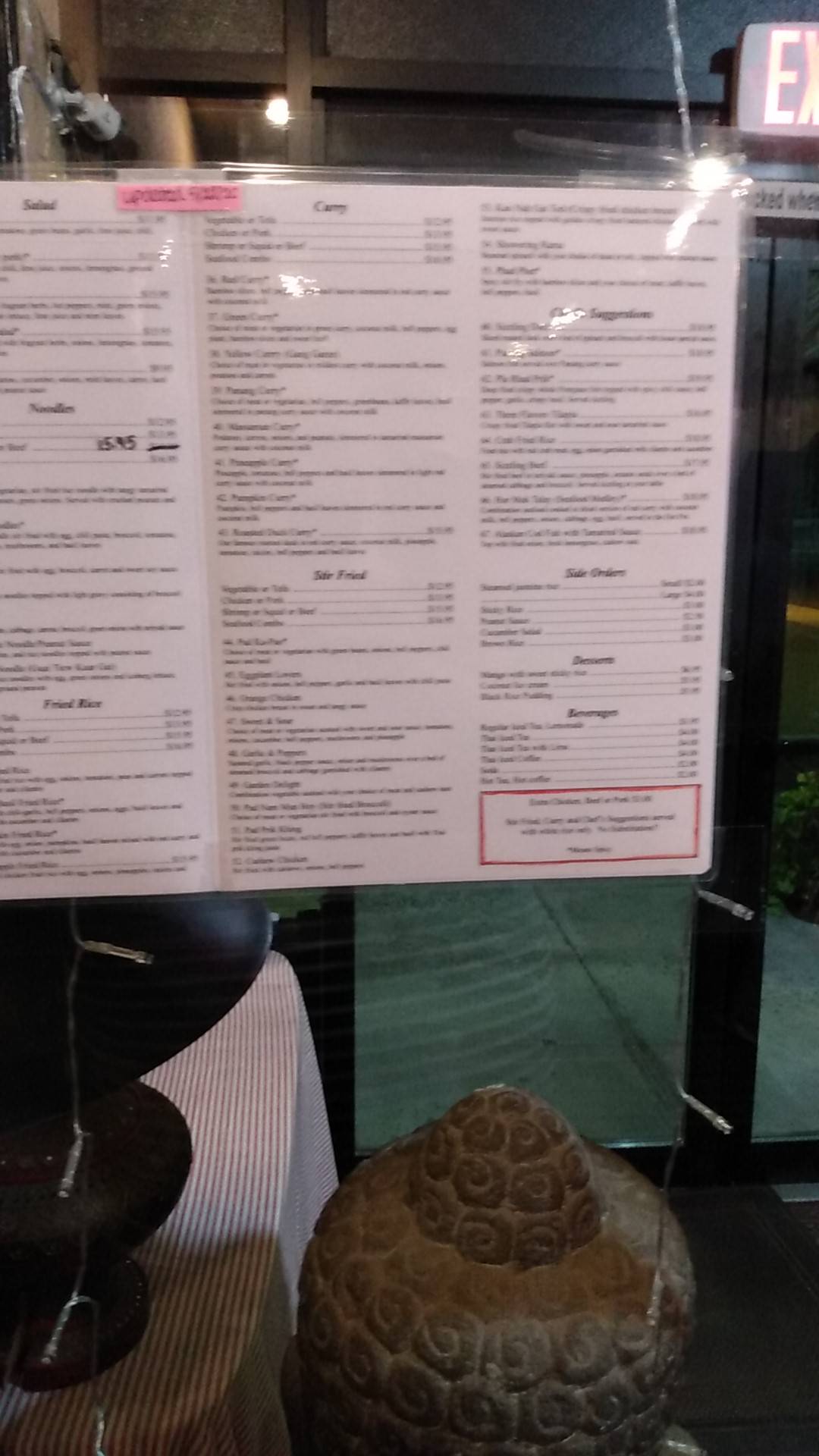 Menu at Thai Elephant restaurant, Kennewick