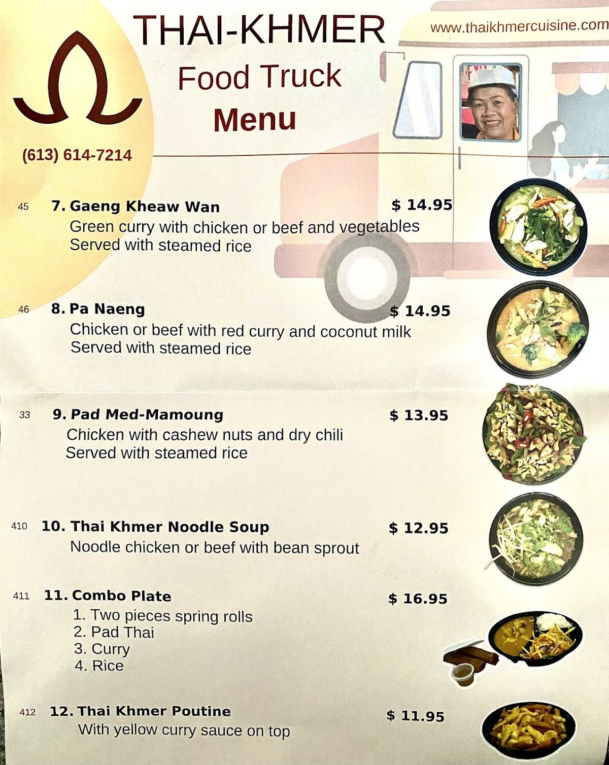Menu at Thai Khmer Food Truck restaurant, Canada