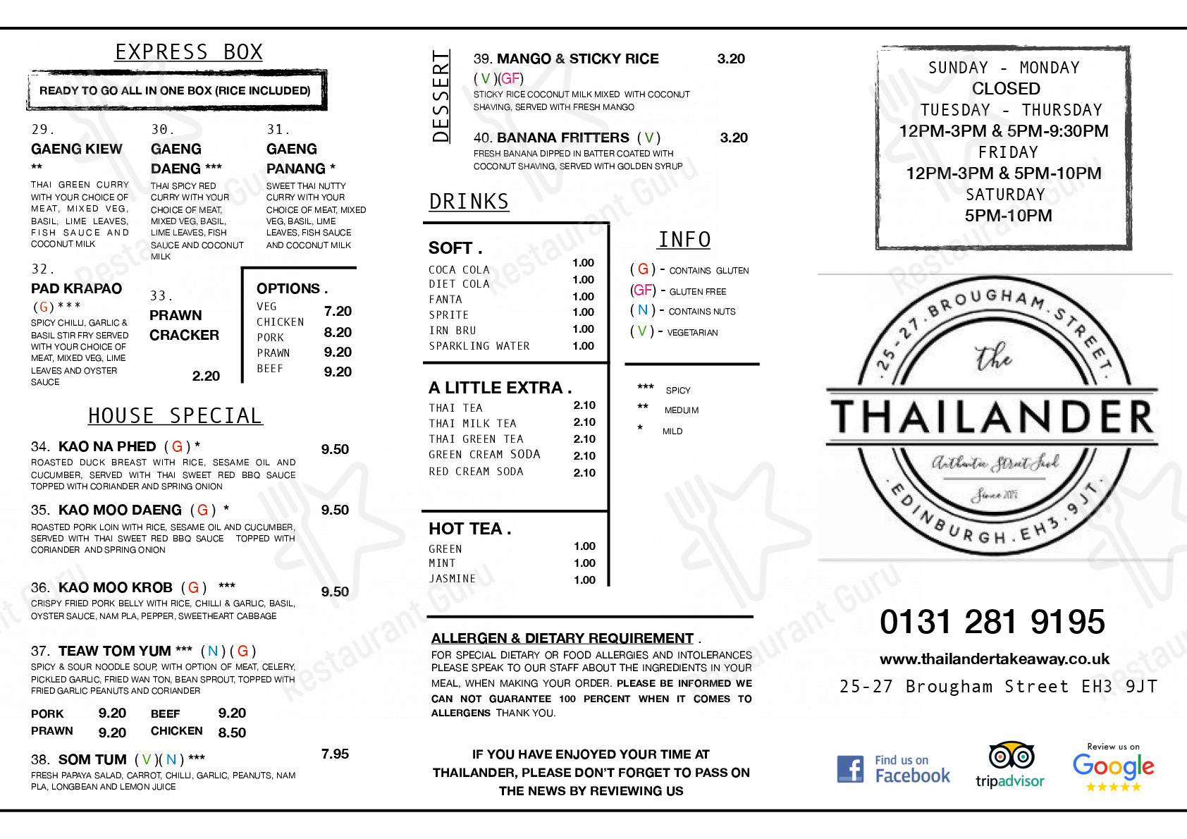 Menu at The Thailander fast food, Edinburgh