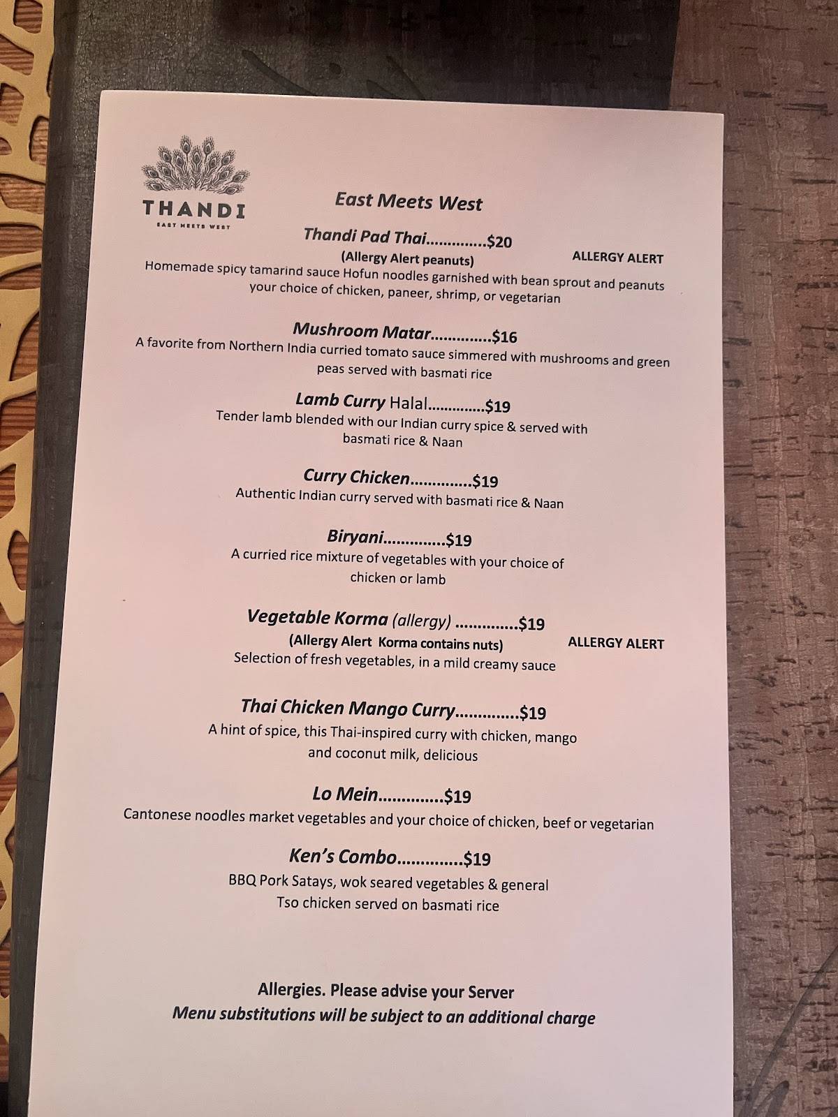Menu at Thandi restaurant, Saint John