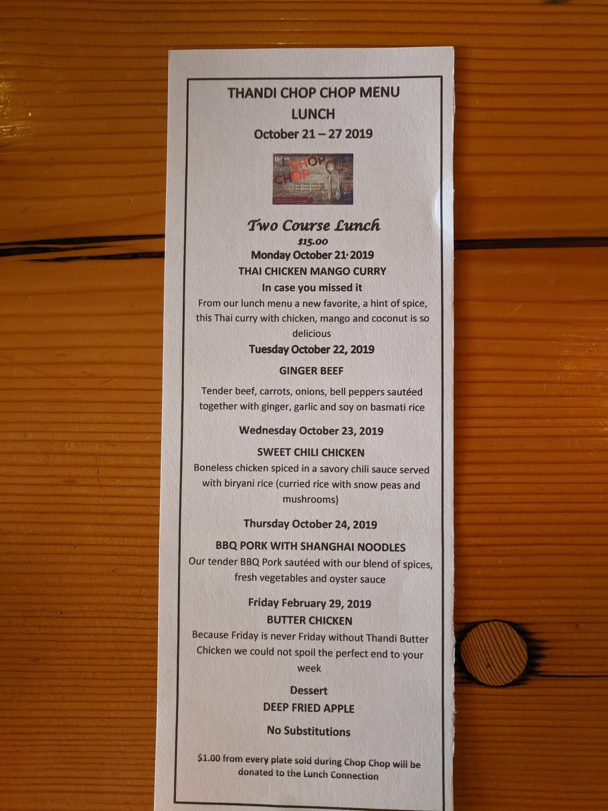 Menu at Thandi restaurant, Saint John