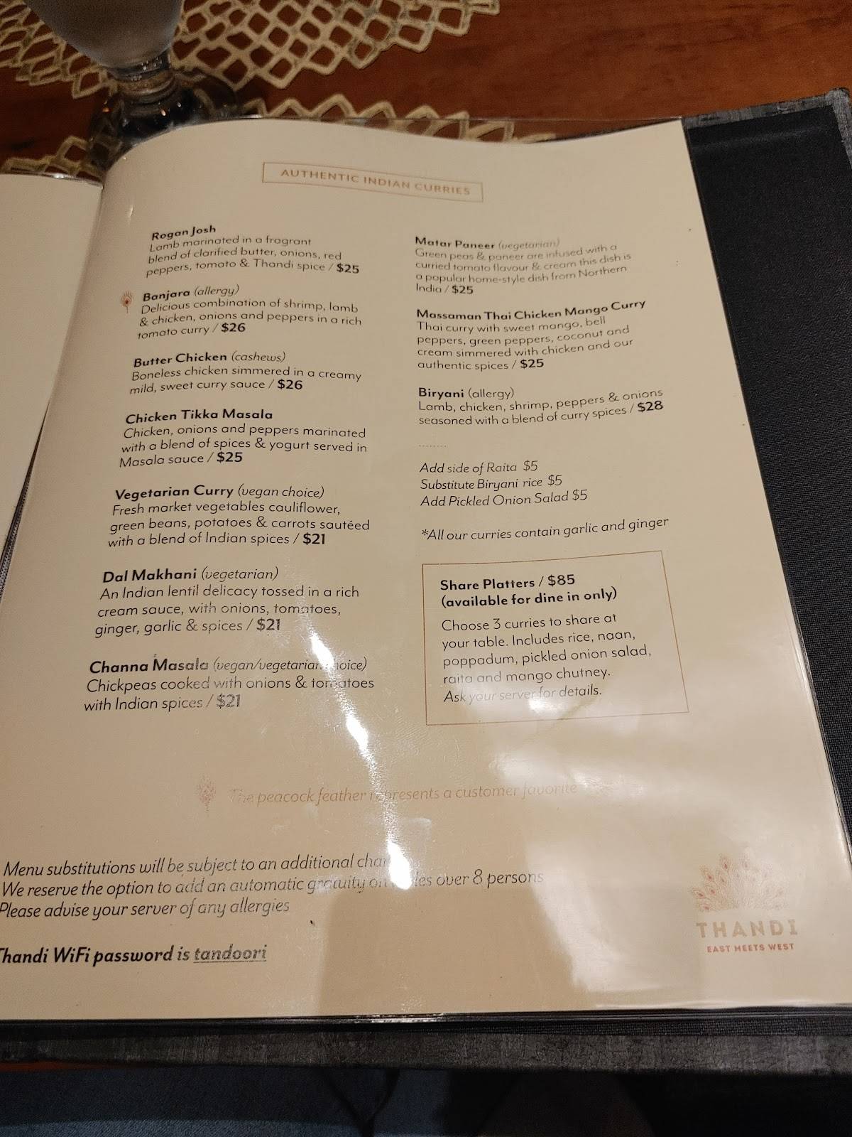 Menu at Thandi restaurant, Saint John