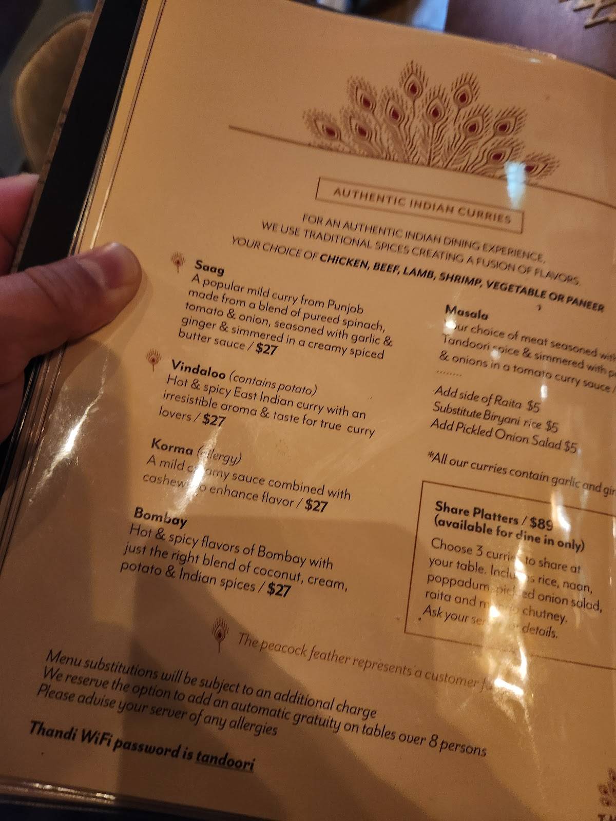 Menu at Thandi restaurant, Saint John