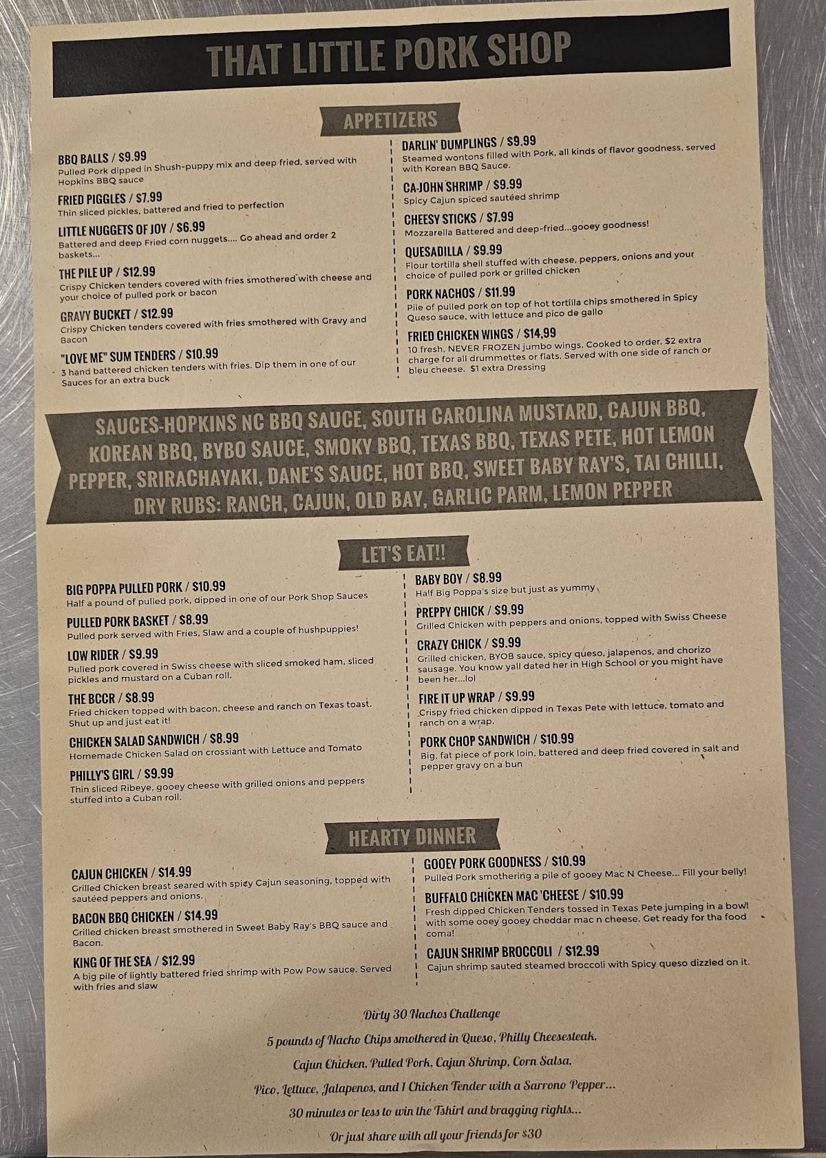 Menu at That Little Pork Shop BBQ, Eden