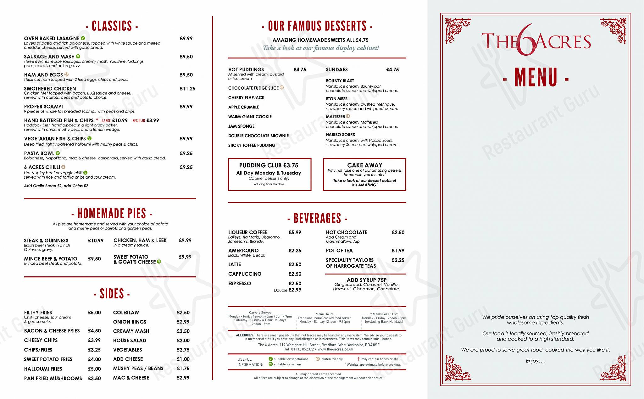 Menu at The 6 Acres pub & bar, Bradford, 119 Westgate Hill Street