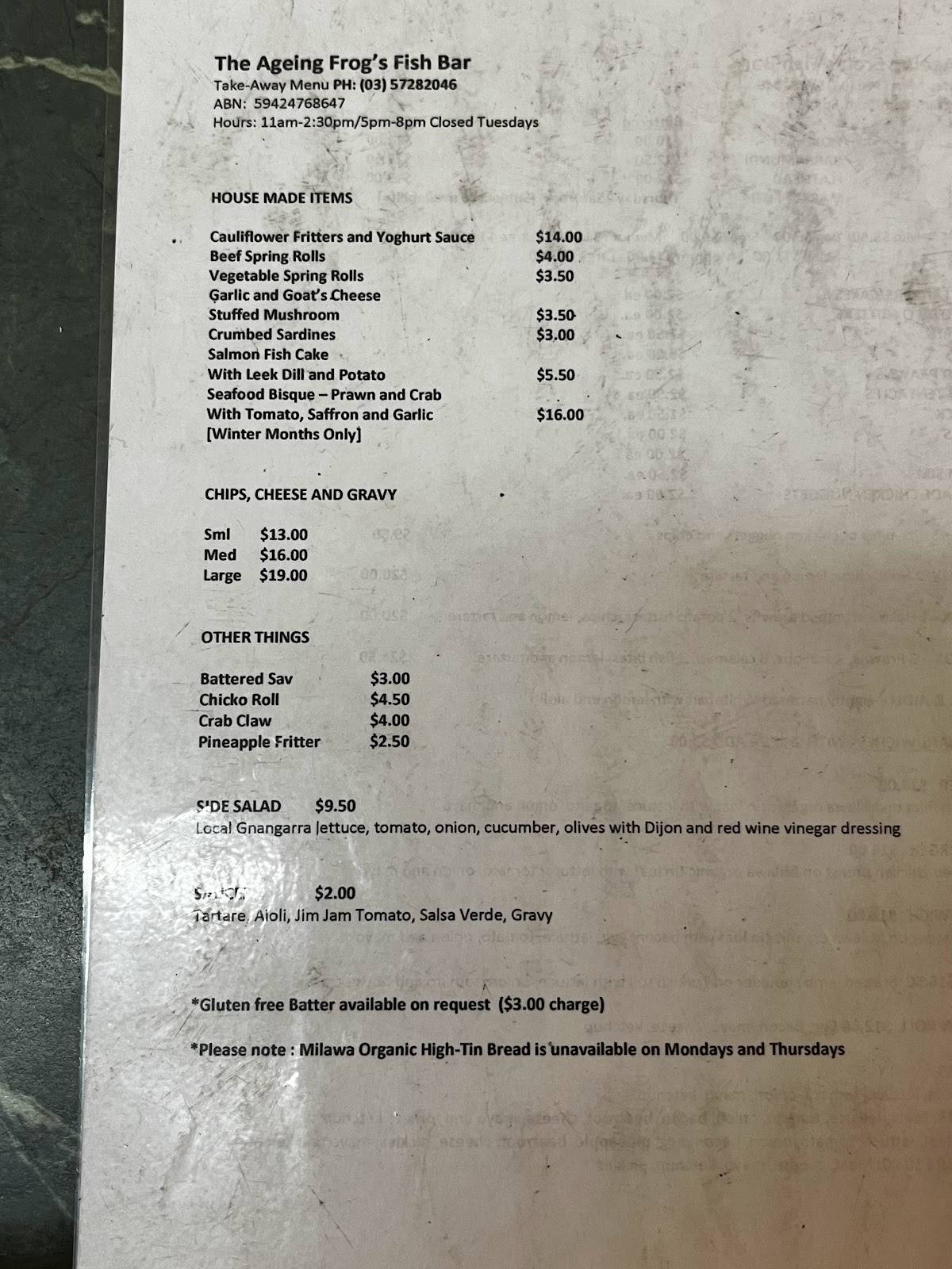 Menu at The Ageing Frog Fish Bar, Beechworth