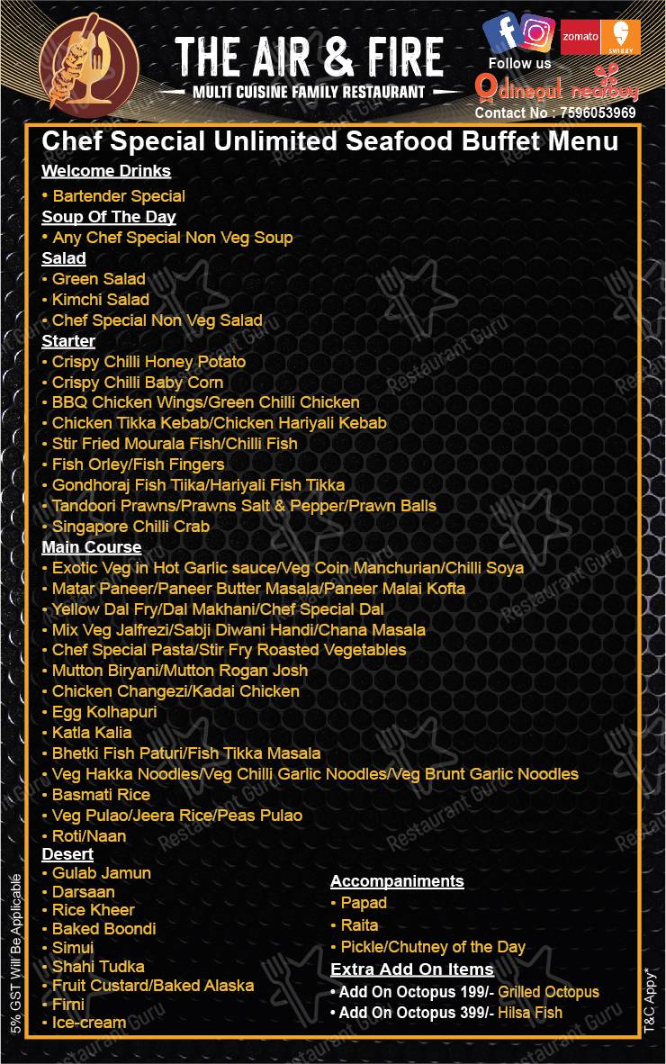 Menu at The Air & Fire, New Town, 4th Floor