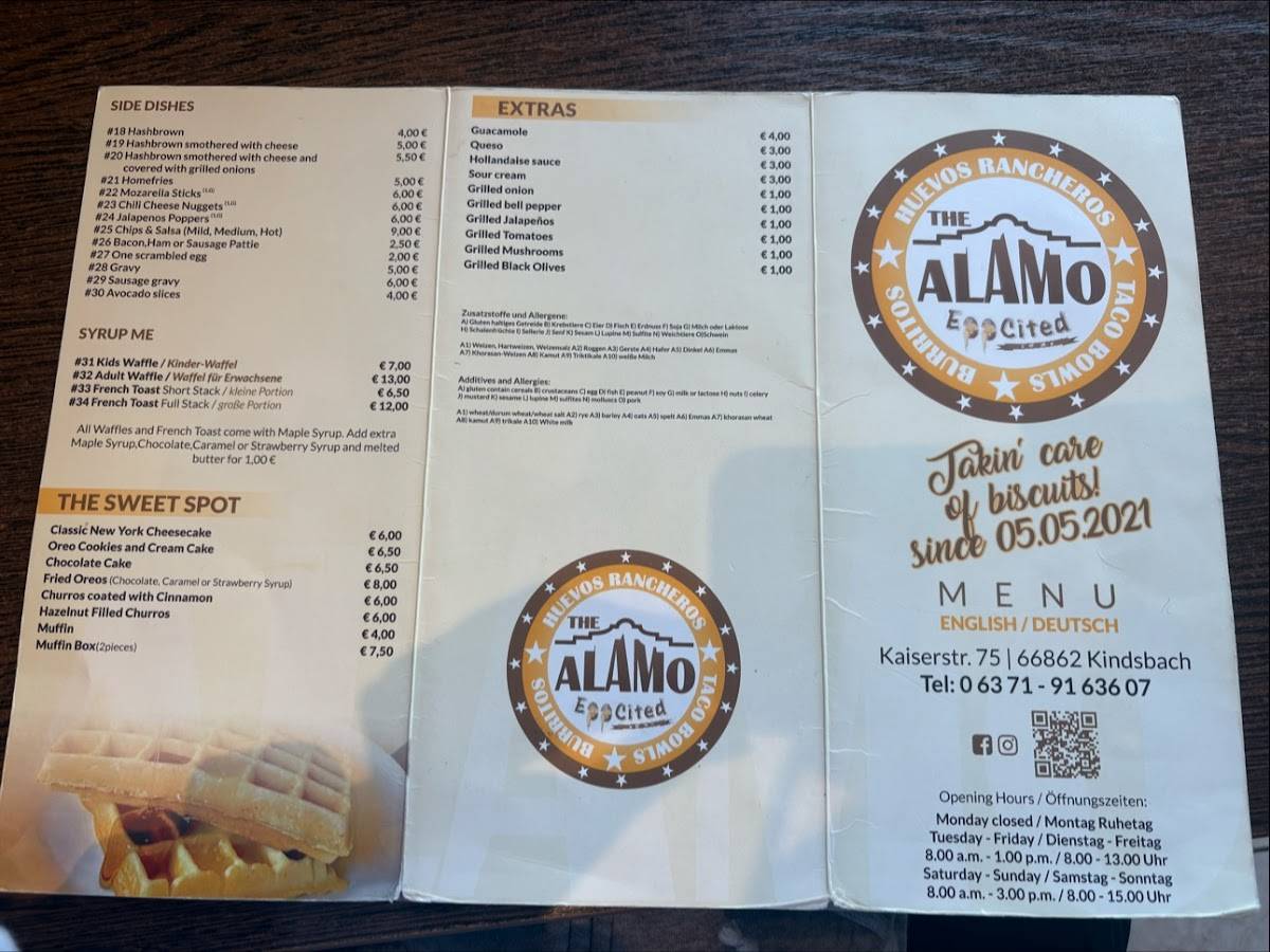 Menu at The Alamo restaurant, Kindsbach