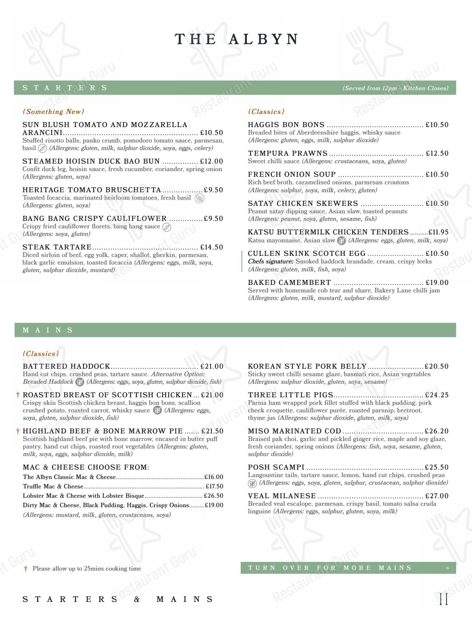 Menu at The Albyn restaurant, Aberdeen